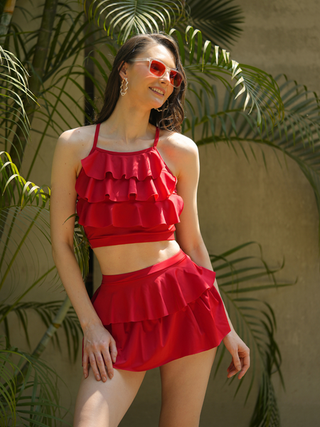 CUKOO Padded Red Two piece Skirtini Swimwear – cukoo.in